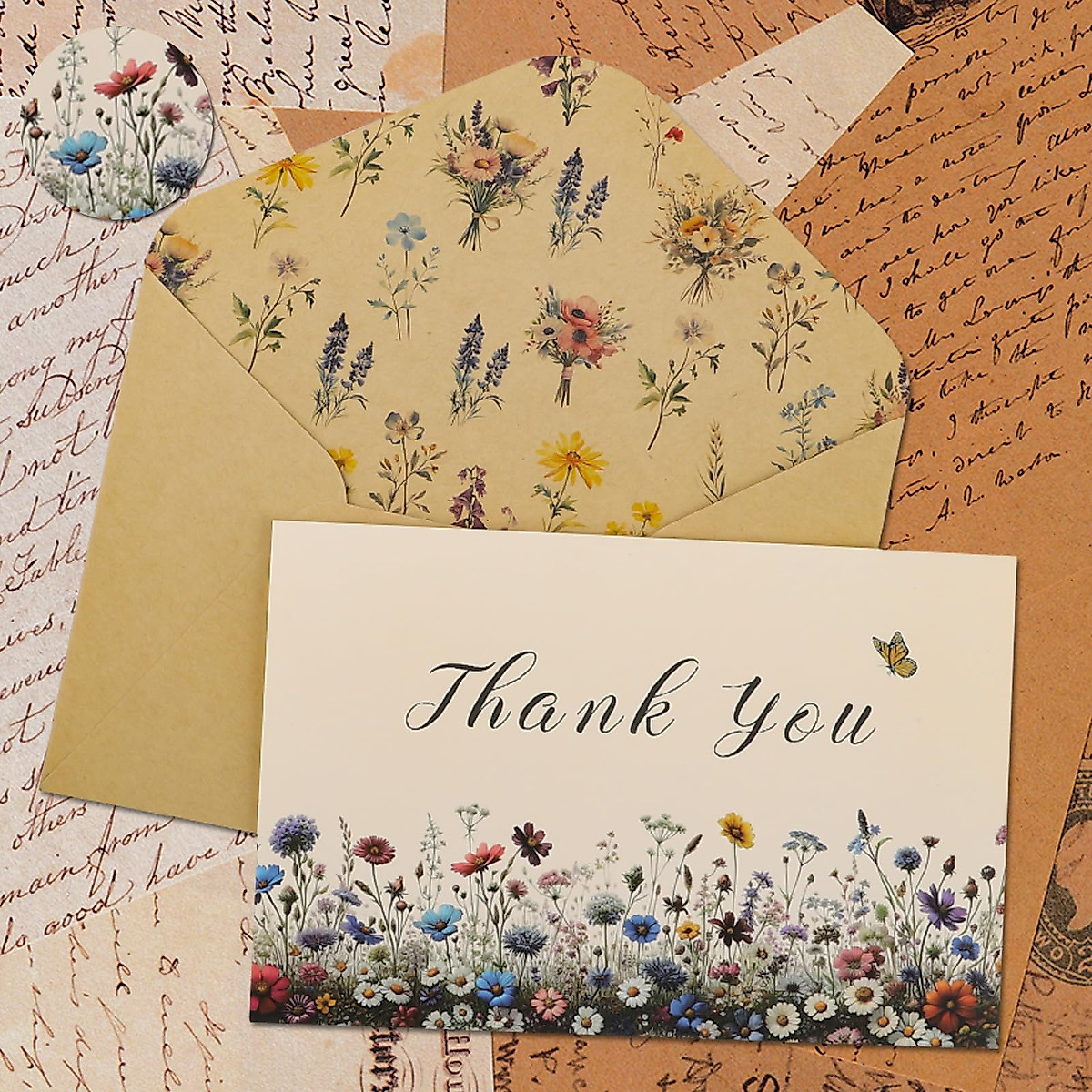 Vnaaem 24 Pack Wildflower Thank You Card with Kraft Envelope Sticker Vintage Floral Thank You Notes for Birthday Wedding Baby Shower Business Bridal Shower Spring Midsummer,4 x 6Inch