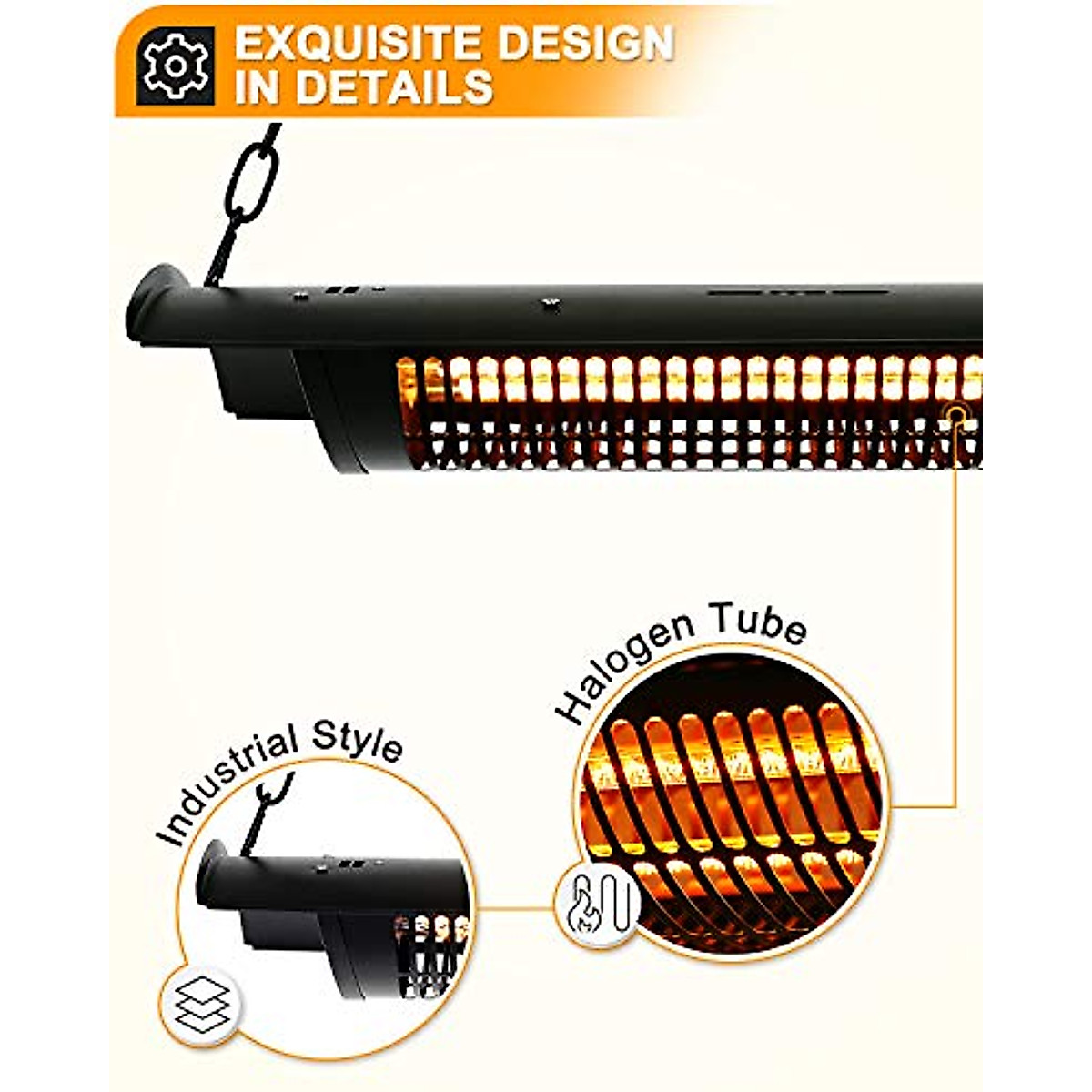 Star Patio Electric Patio Heater, Outdoor Heater, 750W/1500W Ceiling Infrared Heater with Rectangular Shape, Black, Silent Heating Hanging Patio Heater, IP44 Waterproof Outdoor Heaters, STP2066-C