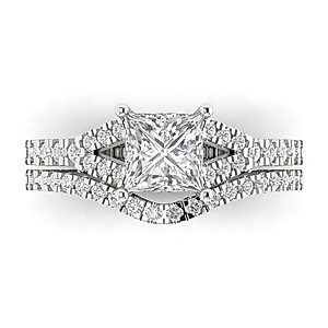 Clara Pucci 2.01ct Princess cut Custom Engraving Pave White Sapphire Engagement Ring Band Wedding Bridal Set Curved 14k White Gold 5.5