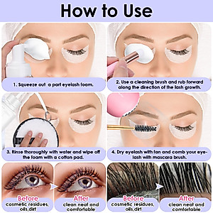 150ml/ 5.07 fl. oz Eyelash Extension Cleanser with Eyelash Fan Dryer, Lash Shampoo for Extension with Makeup Remover Pad Cleaning Brush, Paraben Sulfate Free Eyelash Shampoo for Salon Home Use