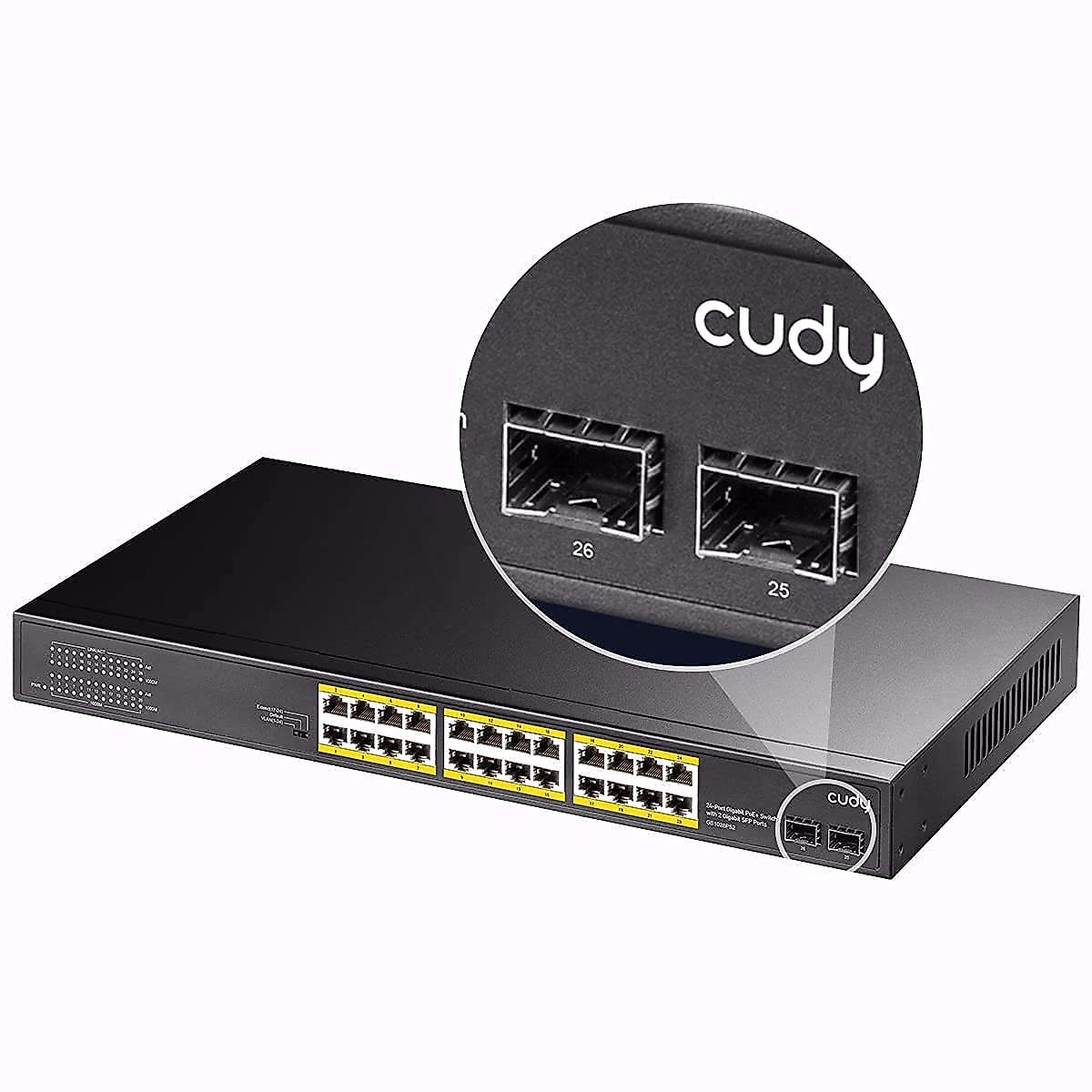 Cudy 24 Gigabit Ethernet Unmanaged PoE+ Switch, 300W, 24 * 100/1000Mbps PoE+ Ports, 2 Gigabit SFP, CCTV / VLAN Mode, 19-inch Rackmount, 802.3af/at, GS1028PS2