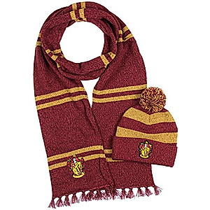 Harry Potter Hogwarts Houses Knit Gryffindor Scarf & Pom Beanie Set (Gyffindor)