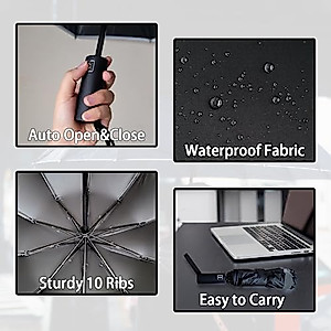 Pumi-geous Inverted Umbrella Automatic 10 Ribs Windproof Folding umbrellas with Reflective Stripe Compact Travel Umbrella for Rain UV Protection Reverse Umbrellas Car Backpack for Men Women (Black)