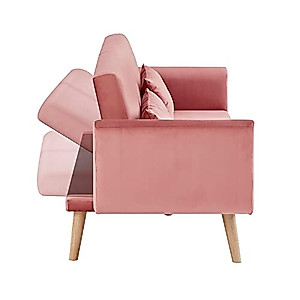 AWQM Velvet Futon Sofa Bed, Memory Foam Couch Set, Upholstered Modern Daybed Convertible Folding Loveseat Recliner with Pillows and Wooden Frame for Compact Living Room, Apartment, Dorm, Office (Pink)
