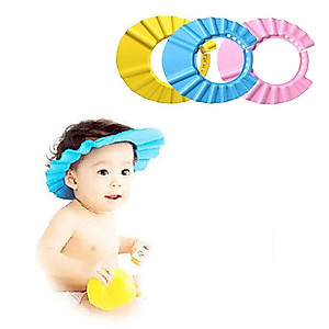 DBHappy 3 Pieces Baby Bath Cap (Pink Blue Yellow), Soft Adjustable Safe Toddler Shampoo Shower Bathing Protection Hat, with a Bathroom Storage Bag(18in x 14in)