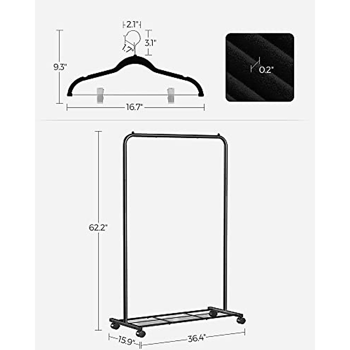 SONGMICS Rolling Clothes Rack and 30-Pack Velvet Hangers Bundle, Garment Rack with Wheels and a Mesh Shelf, Non-Slip Coat Pants Hangers with Adjustable Clips, Black UHSR25BK and UCRF12B30