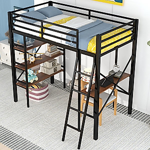 Kids Metal Loft Bed Twin Size, Twin Loft Bed with Desk and Storage, Twin Size Loft Bed with Full Length Guardrail and Ladder, Heavy Duty Loft Bed for Kids, (Twin Black)