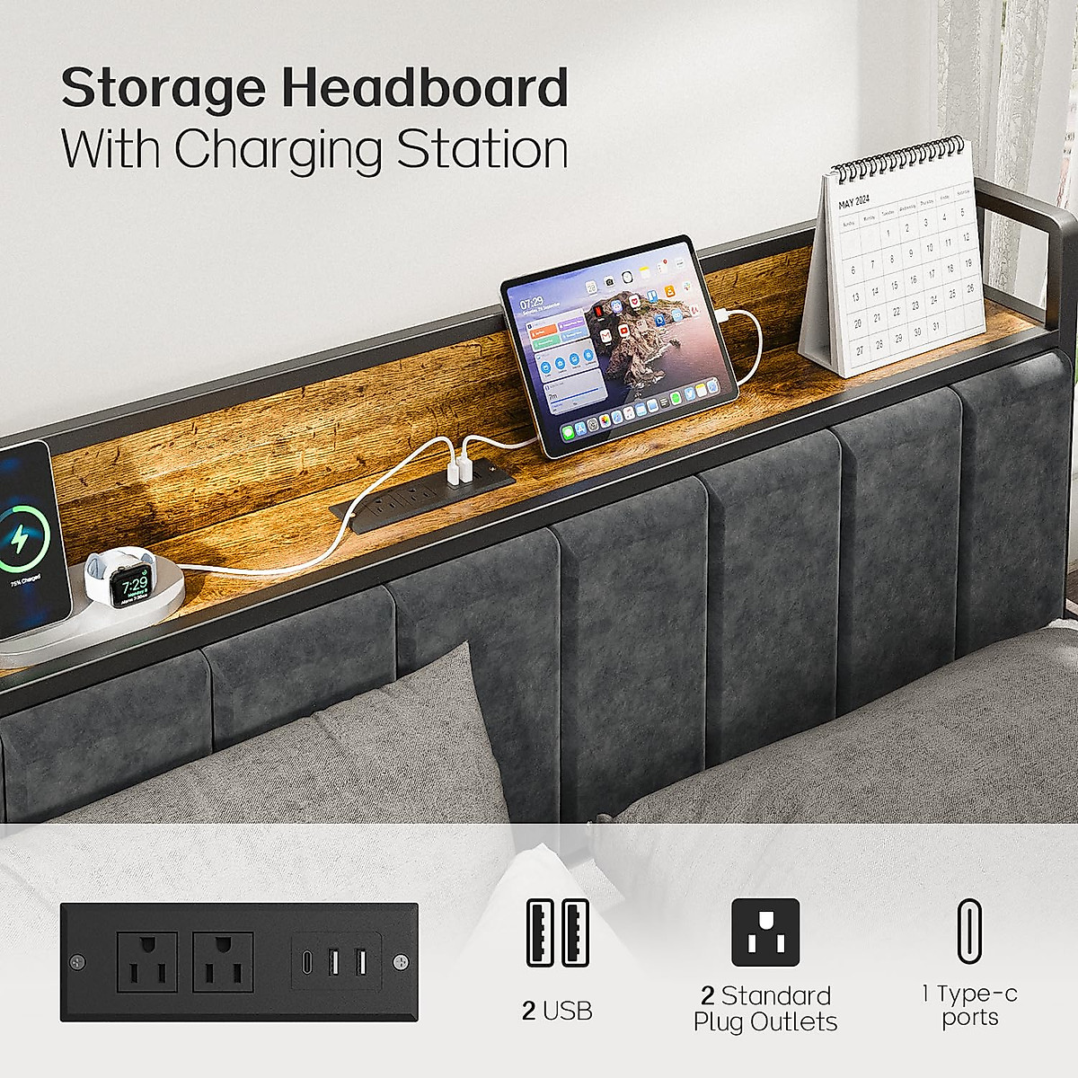 Queen Bed Frame with Headboard, Metal Platform Bed with Smart LED Lights and USB Charging Station, Easy Assembly, No Box Spring Needed