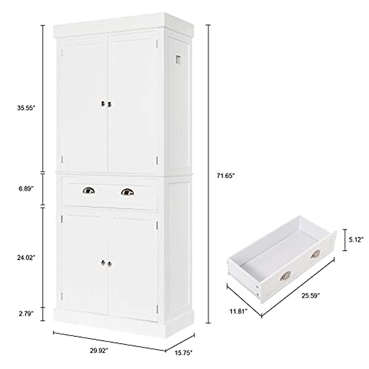 Cffuvros Freestanding Kitchen Storage Cabinets, with Double Doors 1 Central Drawer Adjustable, 72 Inch Pantry Cabinet Cupboard for Living Room Home Kitchen