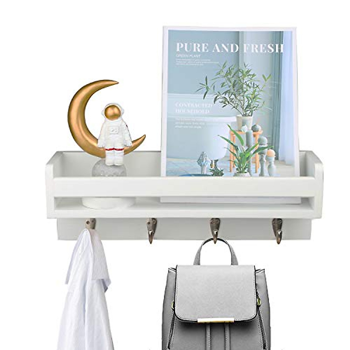 Halcent Wall Mounted Coat Rack Floating Wall Shelf, Wood Coat Hook Rack Entryway Organizer with 4 Key Holder Hooks for Magazine Letter Mail Holder