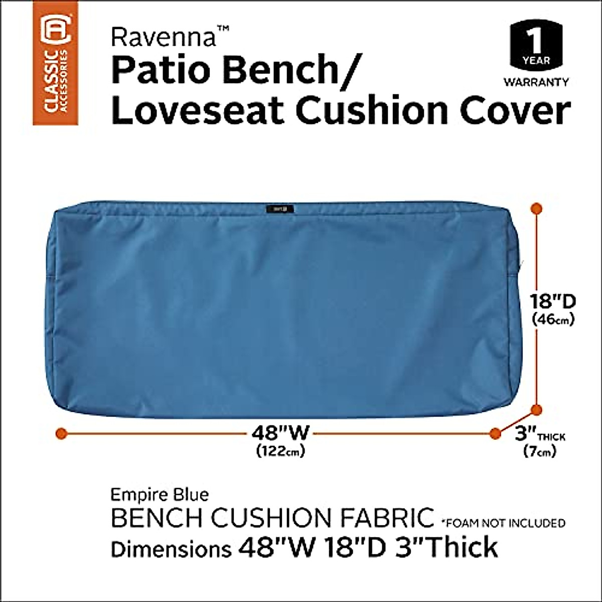 Classic Accessories Ravenna Water-Resistant 48 x 18 x 3 Inch Outdoor Bench/Settee Cushion Slip Cover, Patio Furniture Swing Cushion Cover, Empire Blue, Patio Furniture Cushion Covers