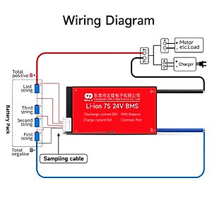 DALY 24V BMS li-ion 7S 20A with Balance Wire and Temperature Sensor for Rated 3.7V Lithium Battery Power Bank Short Circuit Protection（Standard BMS,20A）