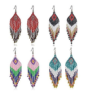 Weicam Women Jewellery 4 Pair Multicolor Nation Bohemian Style Tassel Earrings Handmade Beaded Jewelry