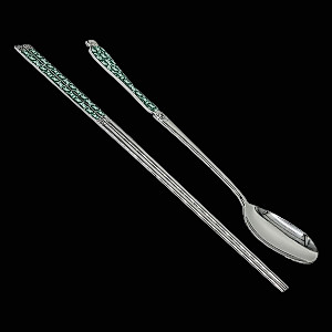BALWOO [Made in Korea] Goryeo Celadon Design Korean Table Sticky Rice Spoon and Chopsticks 430 Stainless Steel Glossy Surface Mukbang Cutlery (Blue)