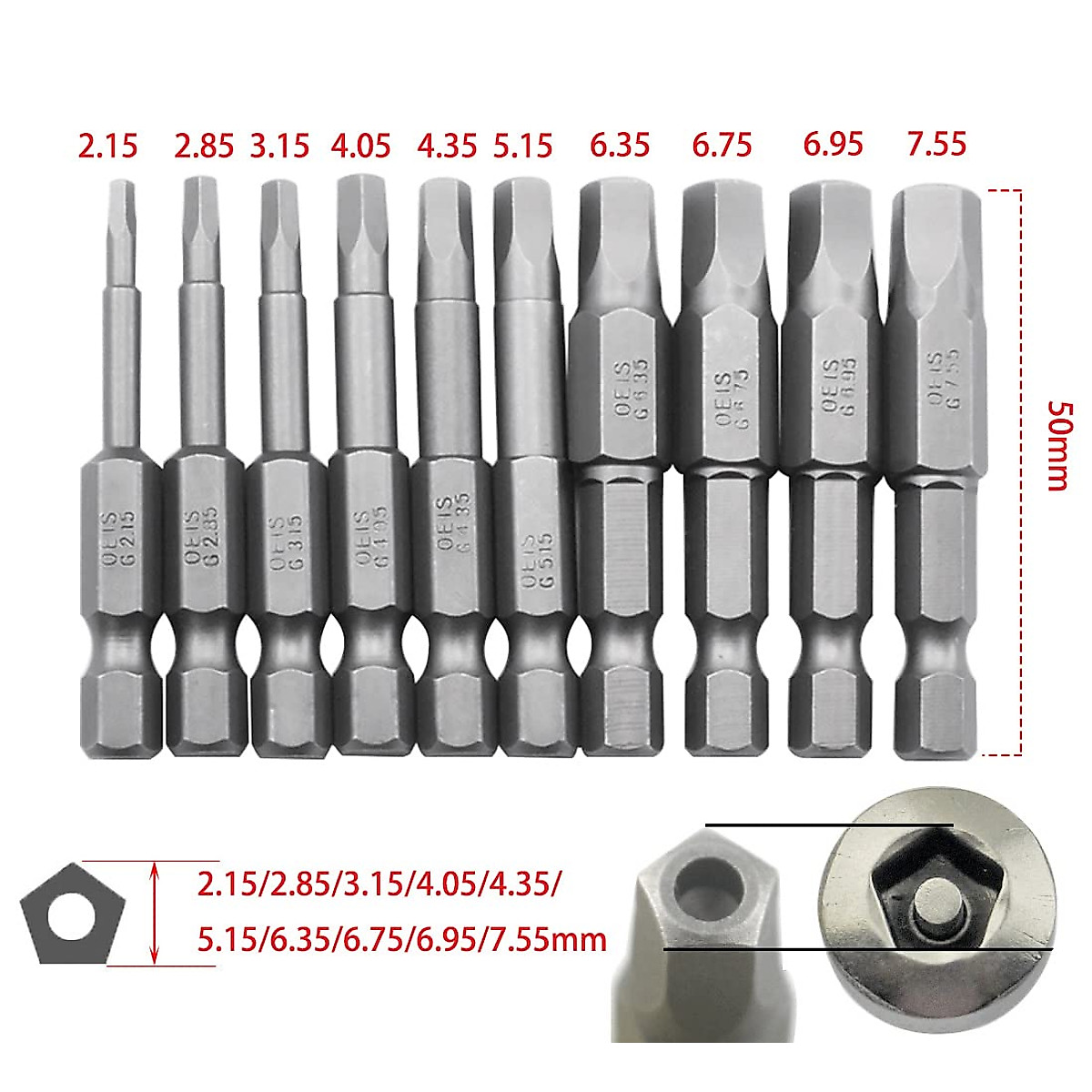 Saipe 10-Piece Magnetic Pentagon Head Screwdriver Bit Set Metric Sizes 1/4 Inch Hex Shank 5 Sided Security Tamper Proof Screw Driver Drill Bits, 50mm/2inch Length for Power Drills and Impact Drivers