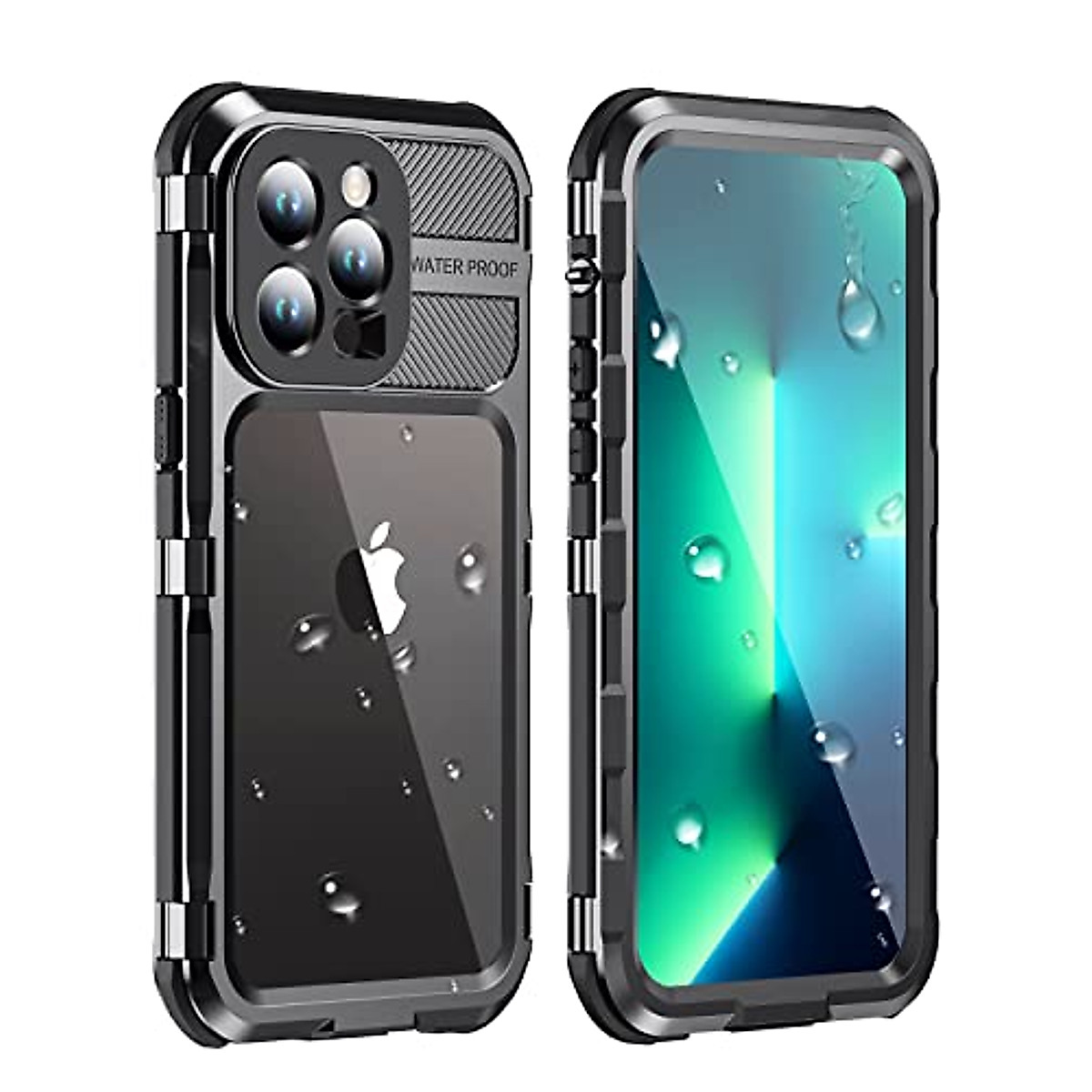 WIFORT iPhone 13 Pro Waterproof Metal Case - Built-in [Screen Protector][15FT Military Grade Shockproof][IP68 Water Proof], Full Body Aluminum Protective Dropproof Cover, 6.1" Black