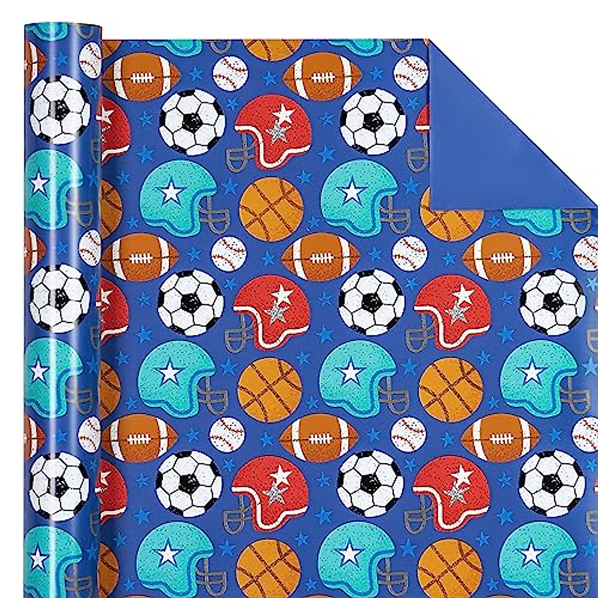 WRAPAHOLIC Reversible Wrapping Paper - Mini Roll - 17 Inch X 33 Feet - Ball Design with Solid Blue Design for Birthday, Holiday, Baby Shower