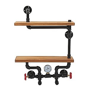 Jeanoko Retro Wall Mounted Floating Shelf, Industrial Pipe Shelves Malleable Cast Iron Solid Wood 2 Tiers Piple Shape Wall Mounted Shelf with Towel Bar for Home