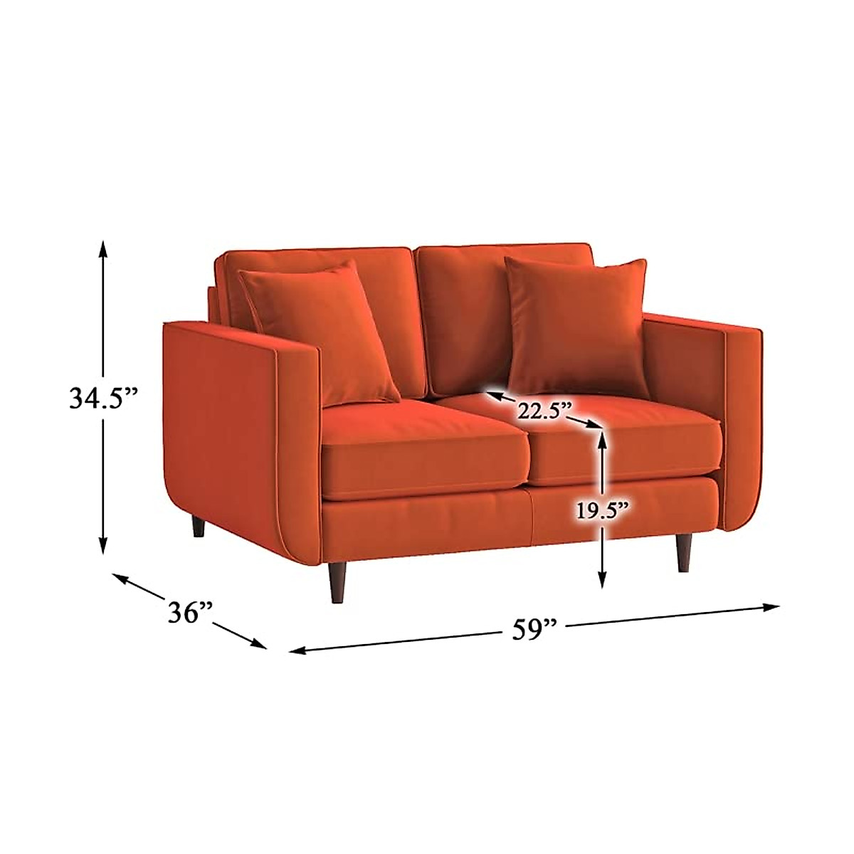 Lexicon Rand 59" Modern Velvet Loveseat with 2 Pillows in Orange