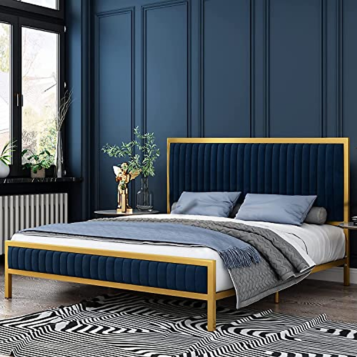 HIFIT Bed Frame Queen Size, Queen Bed Frame with Headboard, Heavy Duty Metal Foundation, Upholstered Bed Frame with Velvet Tufted Headboard, Wood Slat Support, No Box Spring Needed, Gold & Navy Blue