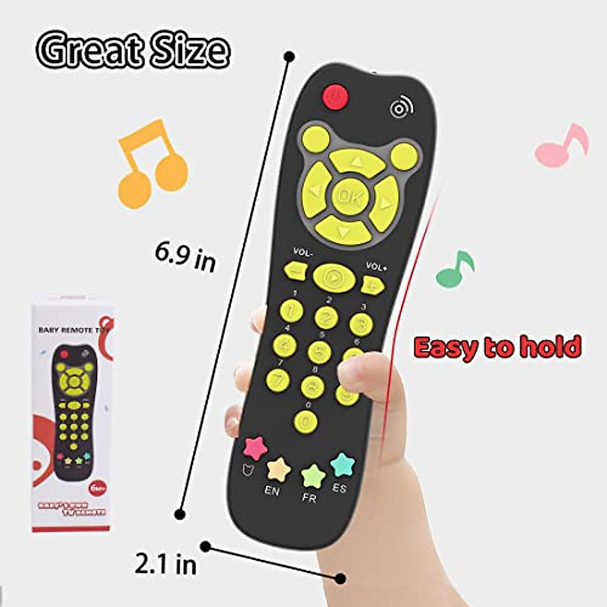 KALUYA Baby TV Remote Toy, Toddlers Remote Control Toy Kids Realistic Play Remote Early Educational Baby Musical Toys with Light and Sound English French Spanish for Infant Boys Girls 6 Month+, Black
