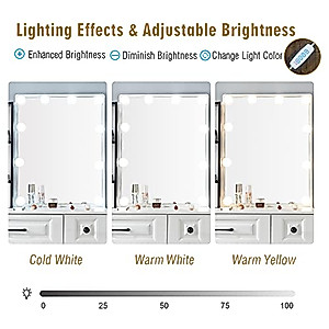 YAMISSI Vanity Desk with Mirror and Lights, USB Charging Station Vanity Table Set with Cushion Stool, Hollywood Dressing Table with 6 Storage Drawers, 3 Colors LED Bulbs for Grils and Women