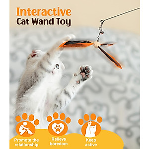 Pawaboo Feather Teaser Cat Toy, Interactive Feather Wand Cat Toy Flying Feather Cat Catcher with Extra Long 35" Wand and Small Bell, Fun Exerciser Playing Toy for Kitten or cat, Orange