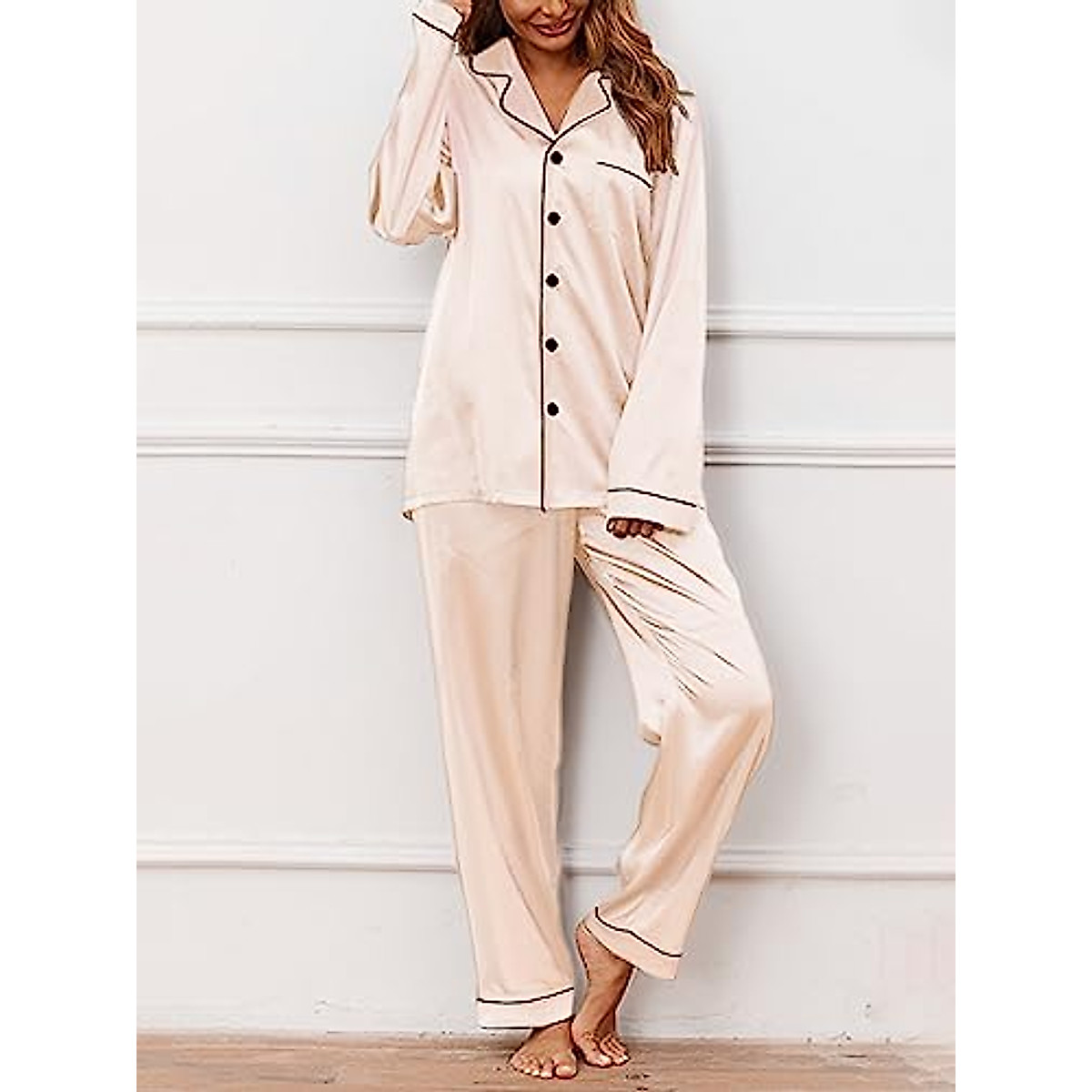 IFFEI 2 Pieces Silk Satin Womens Pajamas Set Button-Down Long Sleeve Girls Pajamas M Champagne