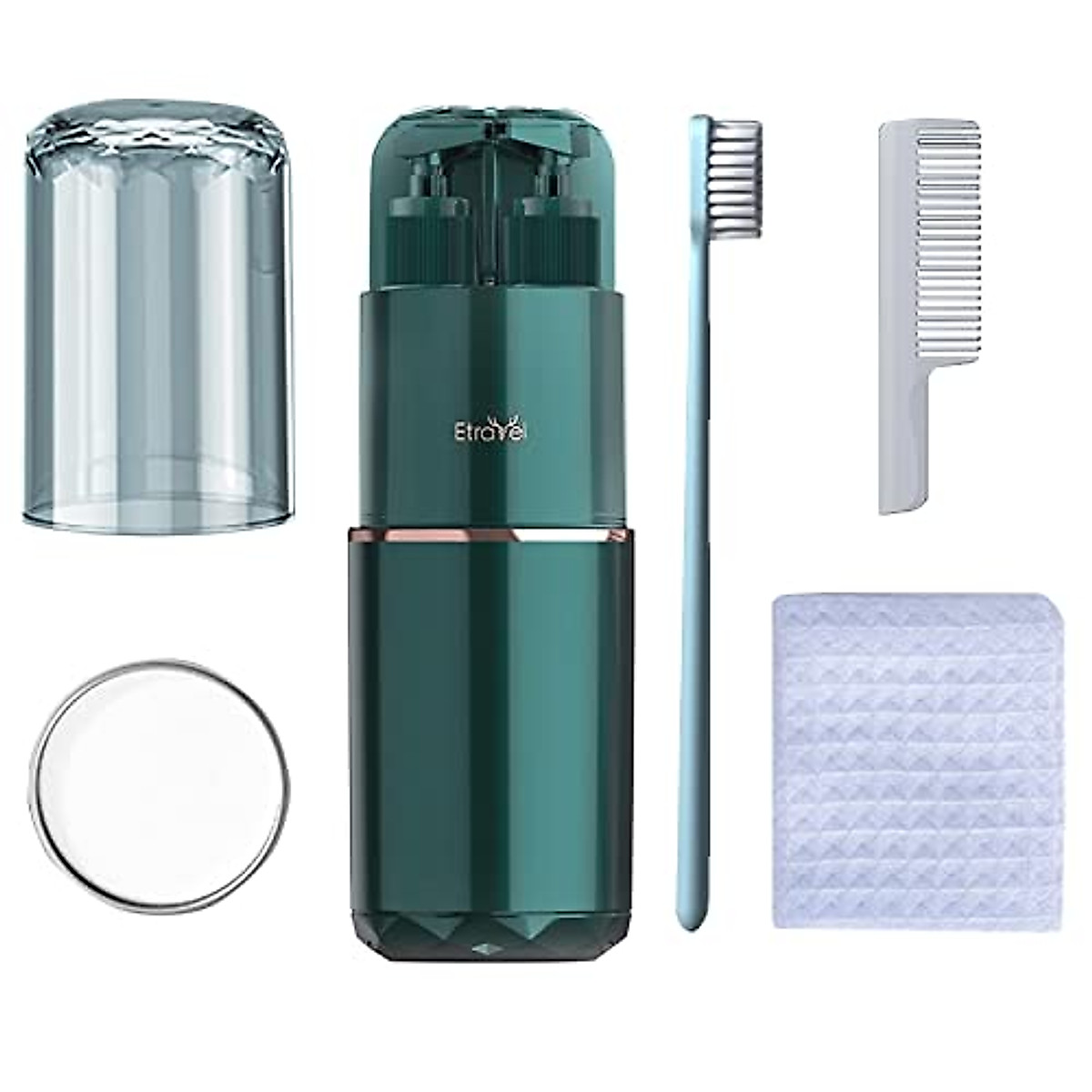 Portable 7 in 1 Travel Toothbrush Holder, Toothbrush Container Cover Case Wash Cup Travel Set - Contain 2 Sub Bottle, 1 Mouth Cup, 1 Toothbrush, 1 Towel, 1 Comb, 1 Mirror (Green)