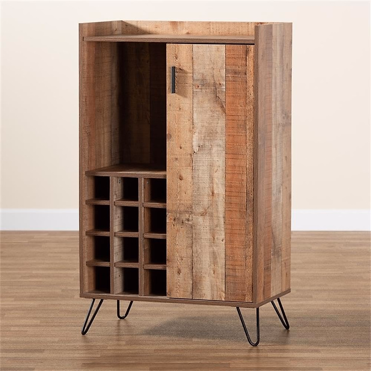 Baxton Studio Mathis Modern and Contemporary Rustic Brown Finished Wood and Rose Gold Finished Metal Wine Storage Cabinet
