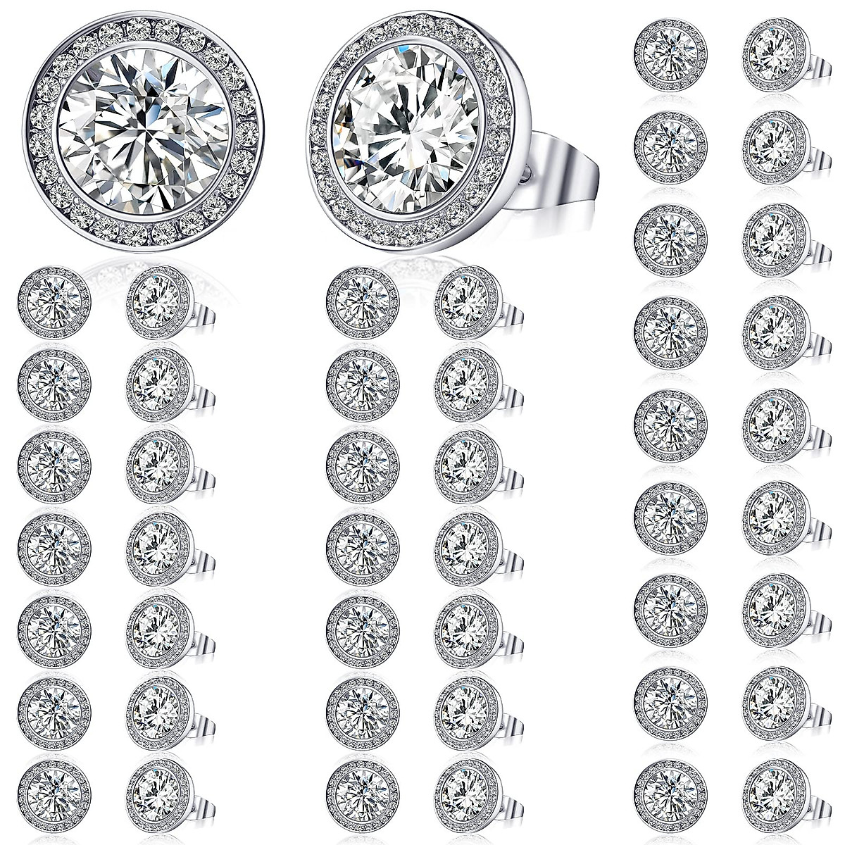 24 Pairs 15 mm Rhinestone Dance Earrings Competition Silver Crystals Stud Earrings Round Cut Cubic Zirconia Rhinestone Halo Stud Earrings for Women Stage Performance Bridal Party