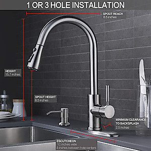 WEWE Single Handle High Arc Brushed Nickel Pull Out Kitchen Faucet,Single Level Stainless Steel Kitchen Sink Faucets with Pull Down Sprayer with Soap Dispense