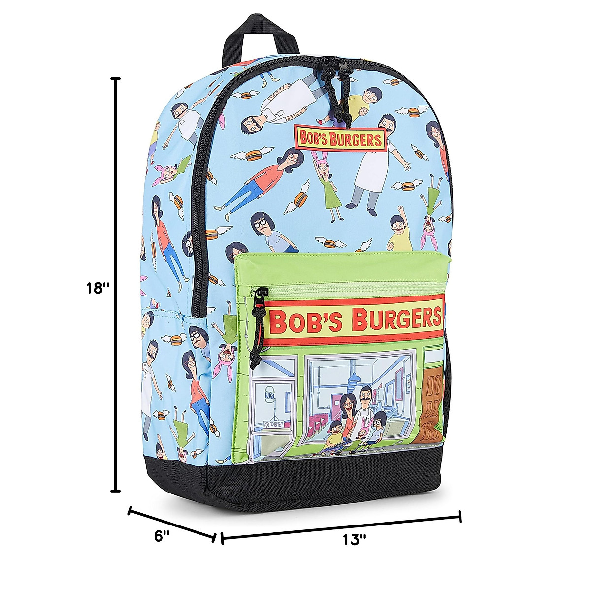 Bob's Burgers Mens Allover Backpack - Bob's Burgers Bob, Tina & Louise Belcher Bookbag - Knapsack for Everyday (Light Blue)