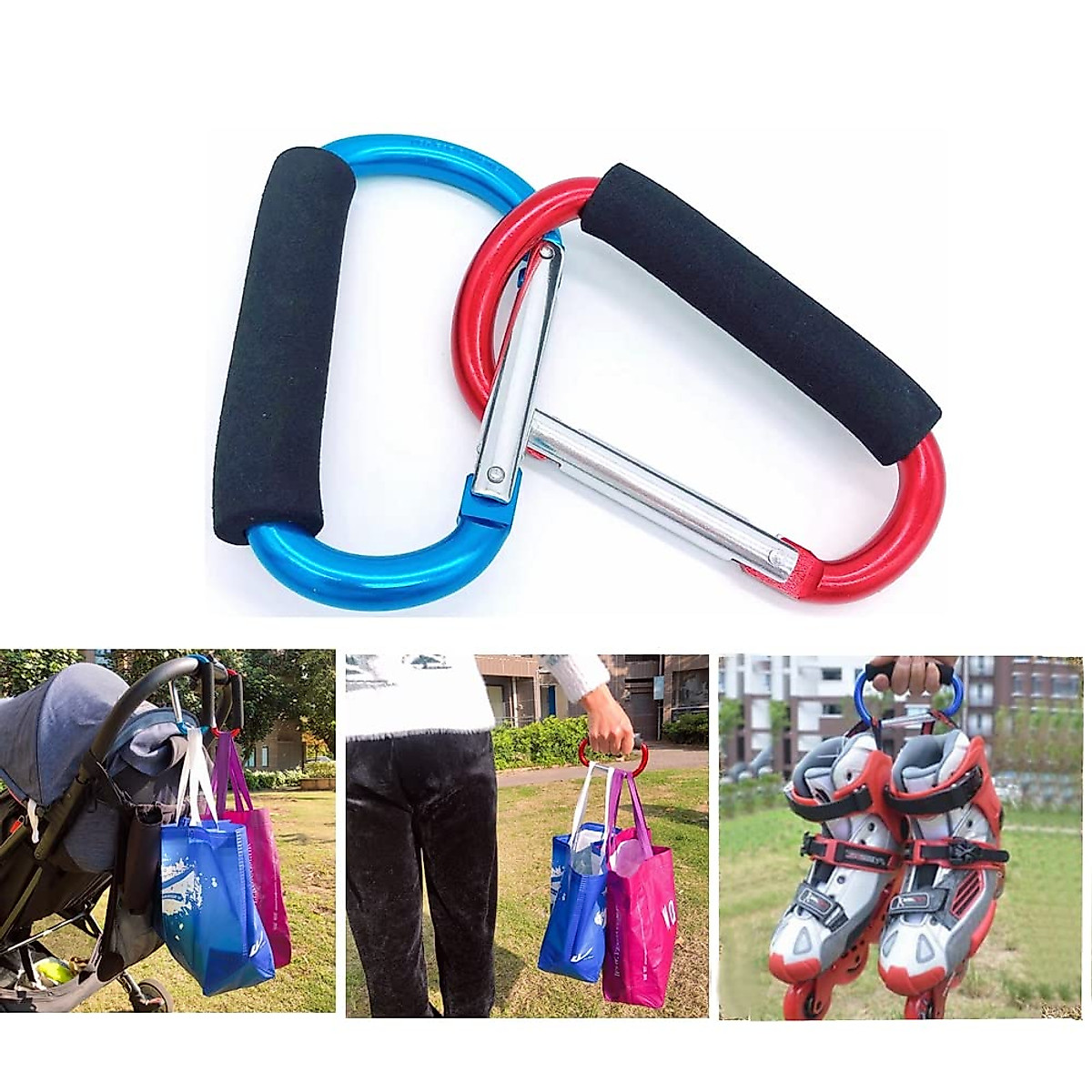 Stroller Hooks, 2 Pack 5.4" Aluminum Steel Large Carabiner - Stroller Organizer Hook Clips for Hanging Diaper Bags