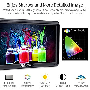 FEELWORLD FW568 V3 6 inch DSLR Camera Field Monitor with Waveform LUTs Video Peaking Focus Assist Small Full HD 1920x1080 IPS with 4K HDMI 8.4V DC Input Output Include Tilt Arm