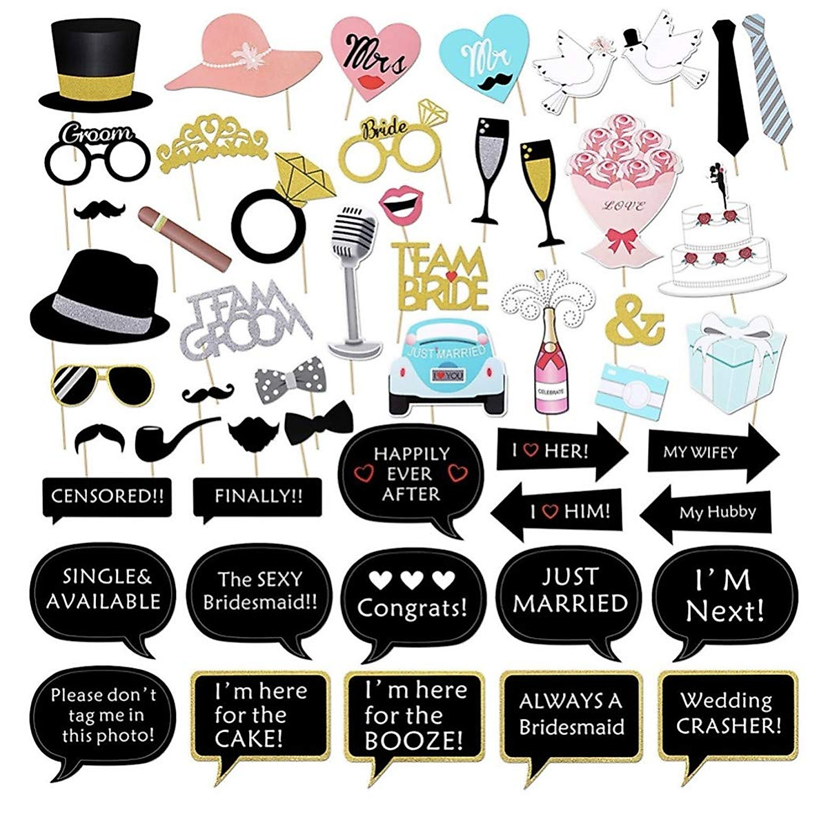 Bemeet 52 Pcs Wedding Photo Booth Props Kit, DIY Funny Selfie Prop with Stick for Bridal Shower and Birthday Party, Easy to Assemble Dress up Accessories and Party Supplies for Cosplay