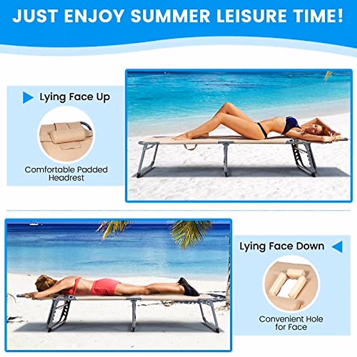 Tangkula Outdoor Beach Chaise Lounge, Folding Lounge Chair with 5-Position Backrest, Sunbathing Recliner with Tanning Face Hole & Removable Pillow for Patio Deck Poolside (2, Beige)