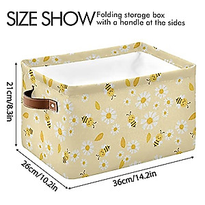 MNSRUU Storage Basket Bee And Flower Collapsible Organizer Basket with PU Handles, Waterproof Nursery Laundry Basket, 1 Pack
