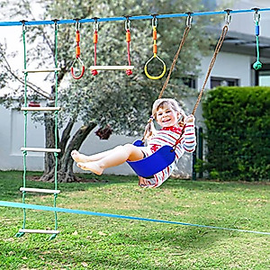 Jugader 2x52ft Ninja Warrior Obstacle Course for Kids with 12 Accessories, Swing, Monkey Bars, Climbing Net, Gymnastic Rings, Rope Ladder and Knots for Backyard