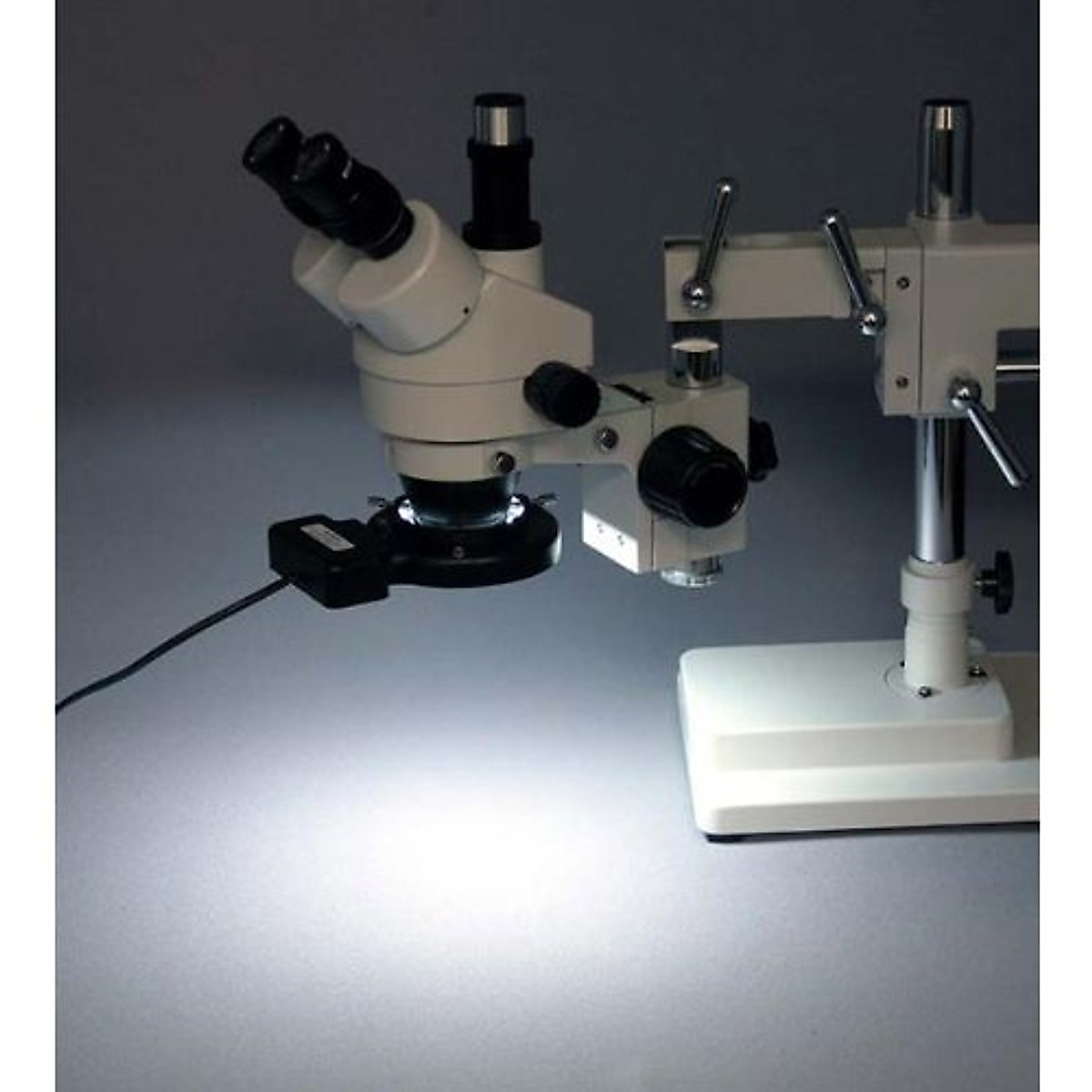 AmScope SM-4TZ-FRL-MB Digital Professional Trinocular Stereo Zoom Microscope, WH10x Eyepieces, 3.5X-90X Magnification, 0.7X-4.5X Zoom Objective, 8W Fluorescent Ring Light, Double-Arm Boom Stand, 110V-120V, Includes 0.5X and 2.0X Barlow Lenses and 1.3MP Ca