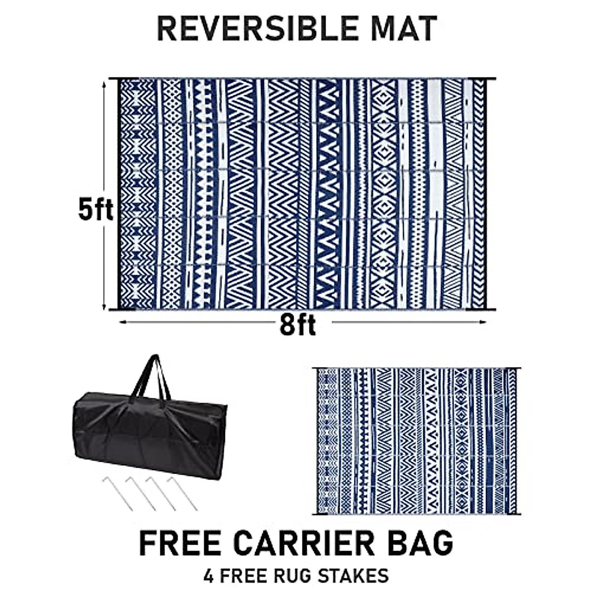 HiiARug 5'x8' Reversible Outdoor Rug, Plastic Straw Rugs, Large Floor Mat and Rug for RV, Patio, Backyard, Deck, Picnic, Beach, Trailer, Camping(Navy/White)