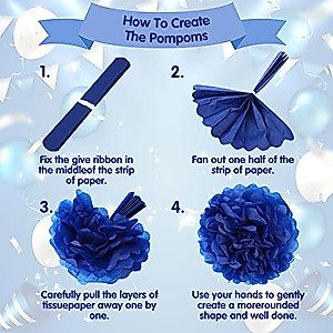 RUBFAC 60pcs Birthday Party Decorations for Men Boys Navy Blue Party Decor Silver Confetti Balloons Foil Balloons, Flower Pompoms, Birthday Banner for 16th 20th 25th 30th 35th 40th 50th 60th 70th