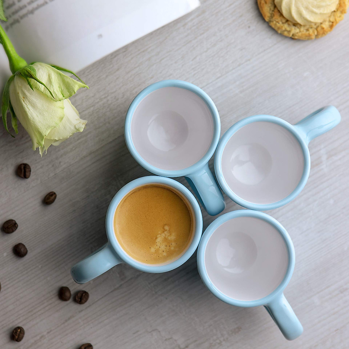 City to Cottage Handmade Light Sky Blue and White Polka Dot Ceramic 2oz/60ml | Espresso Cup Set of 4, Unique Designer Pottery for Coffee Lovers