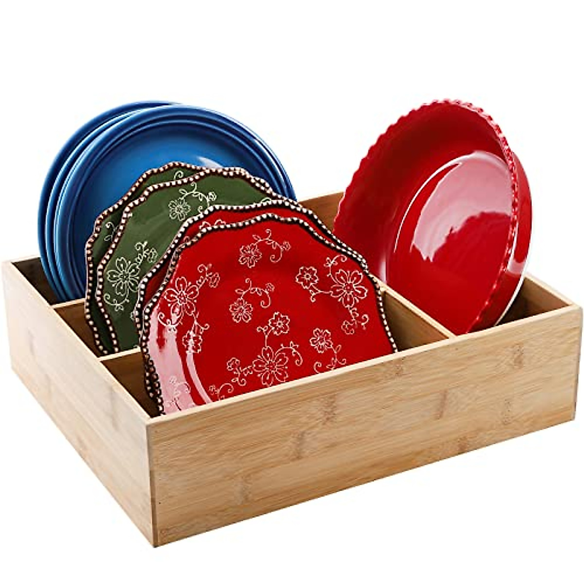 DEAYOU Bamboo Organizer Bin, 100% Bamboo Divided Storage Box, 4-Compartments Cutlery Tray Desktop Holder for Kitchen, Coffee Sugar Tea Bags, Seasoning Spice Packet Pouch, Food, Snack, Shelf, Open Top