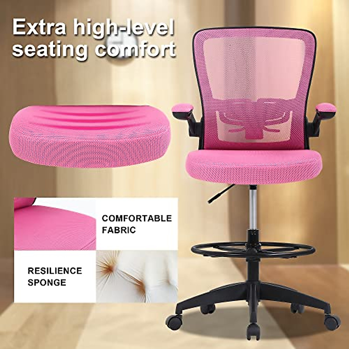 Drafting Chair Tall Office Chair Mid-Back Mesh Ergonomic Computer Chair High Adjustable Standing Desk Chair with Lumbar Support Adjustable Foot Ring and Flip-Up Arms (Pink)