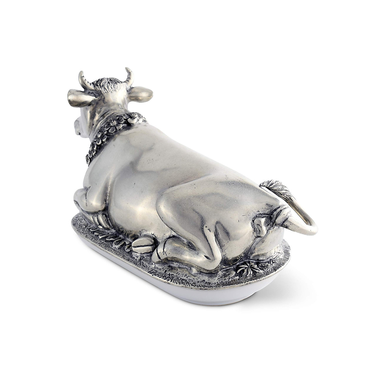 Vagabond House Pewter Metal Mabel the Cow Covered Butter Cream Cheese Dish Container Keeper Heirloom Quality with Stoneware Tray Base 8.5 inch Long