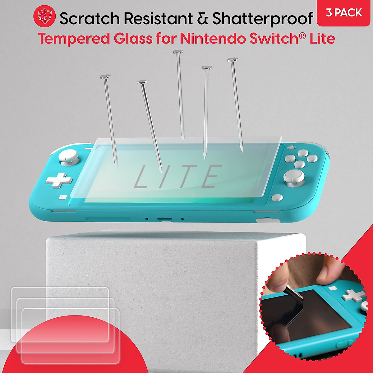 TALK WORKS Screen Protector Compatible with Nintendo Switch Lite - Scratch, Crack, and Shatter Resistant-Ultra-Thin HD Touchscreen Tempered Glass, See-Through Cover & Easy Installation (Pack of 3)