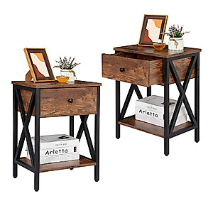 SUPER DEAL Nightstand Set of 2, Modern End Table with Drawer Industrial Metal Frame Bedside Tables for Bedroom Living Room Apartment Small Spaces, Antique brown