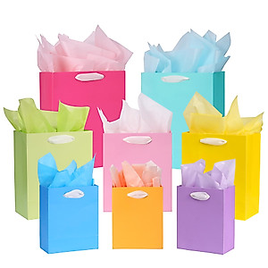Nihuecne 8 Pack Gift Bags Assorted Sizes, Colorful Paper Gift Wrap Bags with Tissue Paper for Birthdays, Baby Showers, Bridal Showers and More (3 Small 6", 3 Medium 9", 2 Large 13")