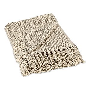 DII Modern Zig Zag Throw Blanket Woven Cotton, Hand-Knotted 2.5" Fringe, 50x60, Stone